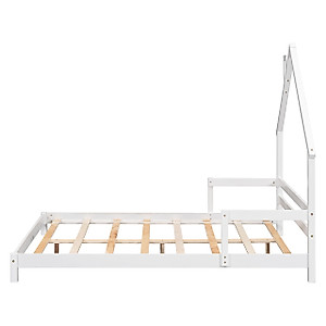 Floor Bed for Kids, Full Size Montessori Bed with House Shape Headboard, Wood House Bed with Slats for Boys Girls, Low Platform Bed, No Box Spring Needed, White