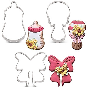 LILIAO Baby Shower Cookie Cutter Set - 3 Piece - Bottle, Rattle and Bow/Ribbon Biscuit Fondant Cutters - Stainless Steel