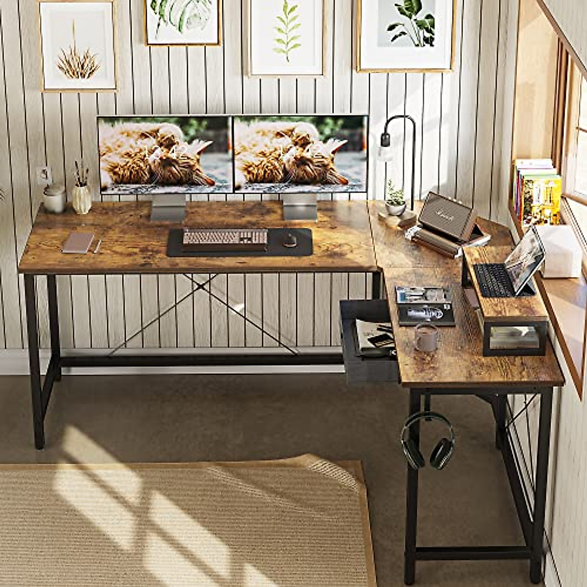 BANTI 67 inch L Shaped Desk Computer Corner Desk, Home Office Gaming Table, Sturdy Writing Workstation with Small Table, Brown