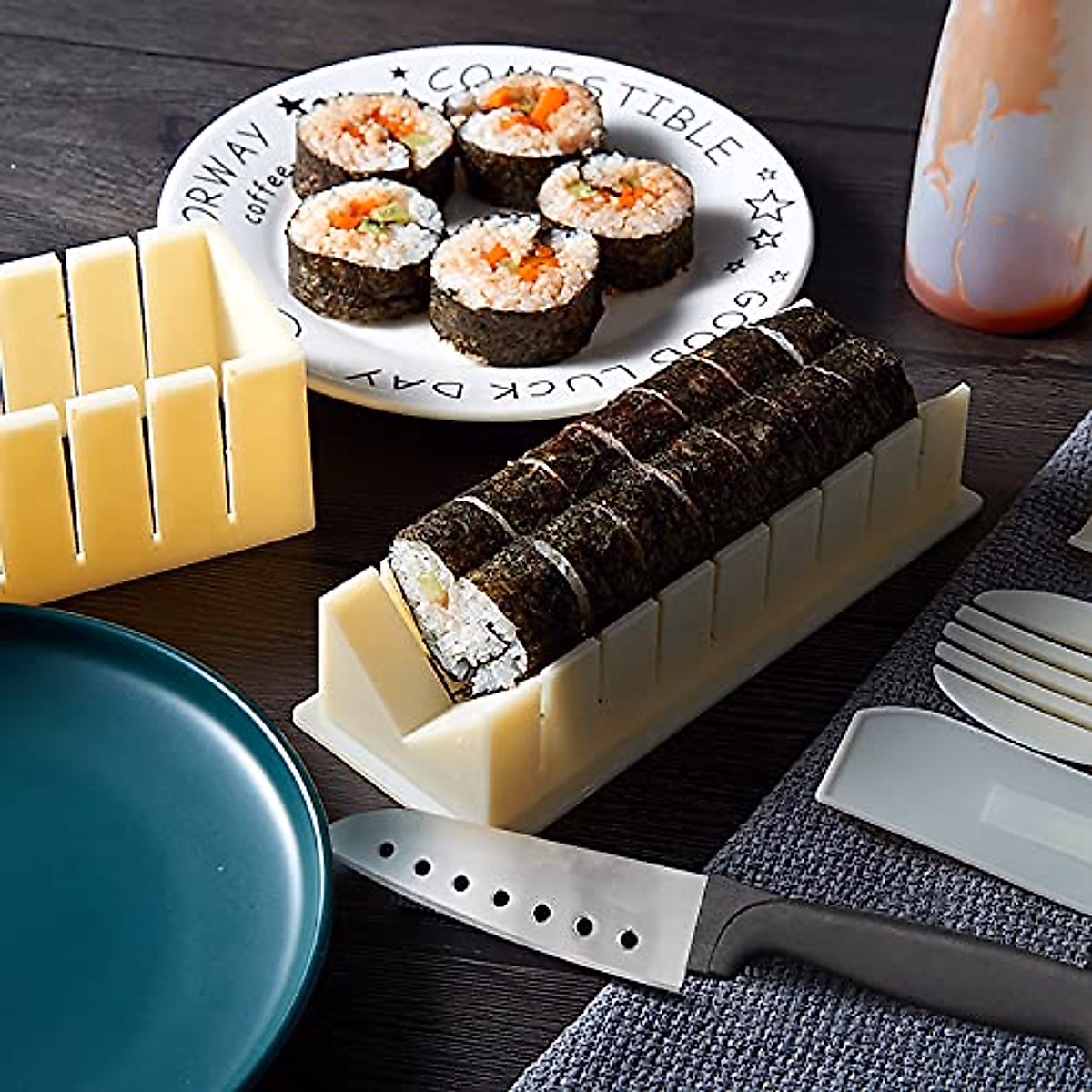 HI NINGER Sushi Making Kit Deluxe Edition Heart Sushi Mold Complete Sushi Maker Kit 12PCS Home Sushi Mold Press with 8 Sushi Rice Roll Mold Shapes 1 Fork 1 Spatula 1 Sushi Knife DIY Home Sushi Tool