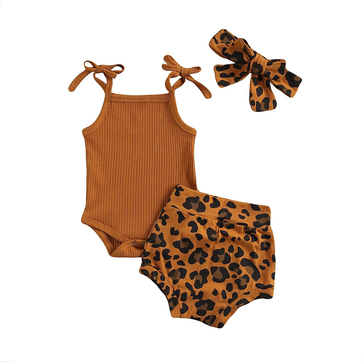 Kuriozud Newborn Infant Baby Girl 2 Piece Summer Outfits Tank Bodysuit Top + Ruffle Bloomer Shorts Set Clothes (Leopard Brown, 3-6 Months)