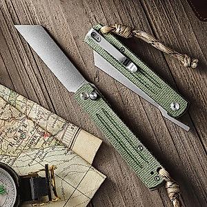 TRIVISA Japanese Higonokami Razor Button Lock Folding Pocket Knife for Men or Women, EDC Tool Camping Outdoor Knives with Pocket Clip，3.2" 10Cr15CoMoV Blade and Micarta Handle Hydra-04G