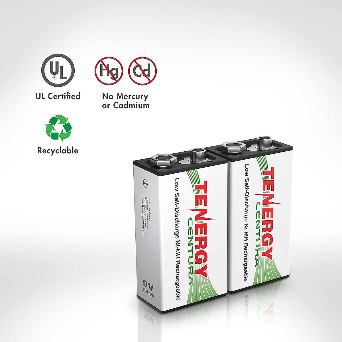Tenergy Centura 9V NIMH Rechargeable Batteries, 200mAh Low Self-Discharge Square Battery for Smoke Alarm/Detector, 2 Pack