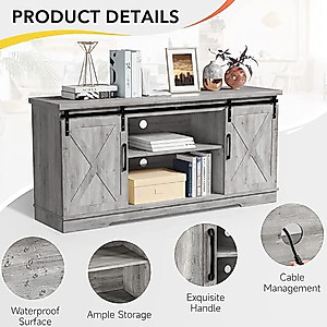 IDEALHOUSE Farmhouse TV Stand, Entertainment Center for 65 Inch TV Media Console Table, Grey Barn Door TV Stand with Storage and Shelves, Modern TV Console Cabinet Furniture for Living Room
