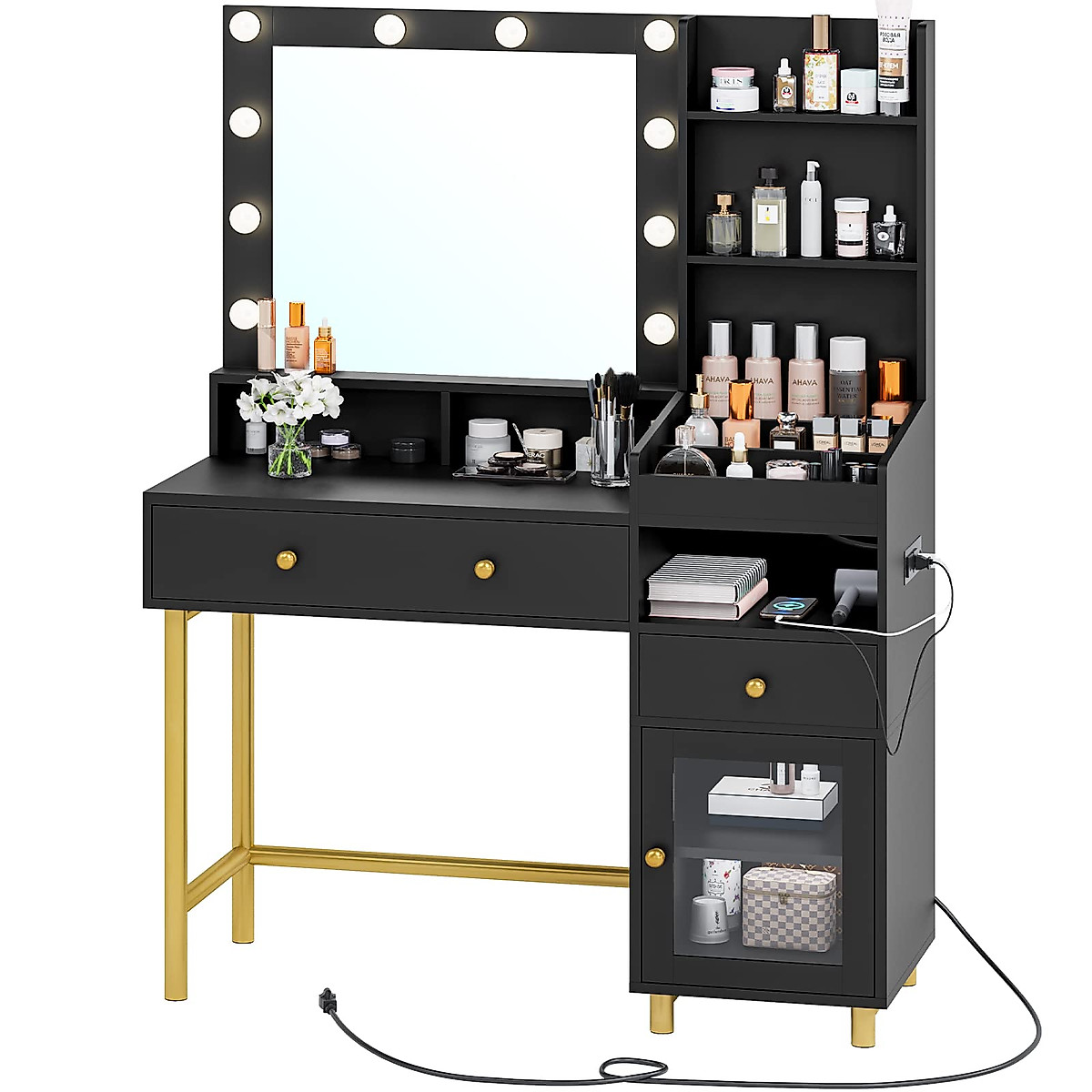 VIAGDO Black Vanity Desk with Mirror and Lights, Makeup Vanity with Charging Station & 3 Storage Compartments, Makeup Desk with Drawers and Open Storage Shelves, Bedroom Dressing Table