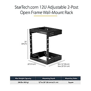 StarTech.com 2-Post 12U Heavy-Duty Wall Mount Network Rack, 19" Open Frame Server Rack with Adjustable Depth, Wall Mount Data Rack for IT / AV / Patch Panel / Computer Equipment (RK12WALLOA)