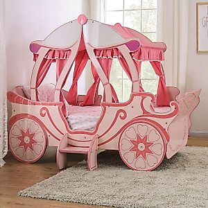 Furniture of America McHenry Twin-Size Kids Bed with Princess Carriage Design, Curtain and Slat Kit Included, Small Ladder, No Box Spring Required for Girls, Pink