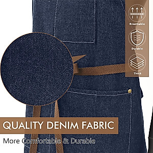 ROTANET Denim Work Apron with 3 Pockets Jean Shop Aprons for Chef Hairstylist Kitchen Woodworking for Men Women Blue