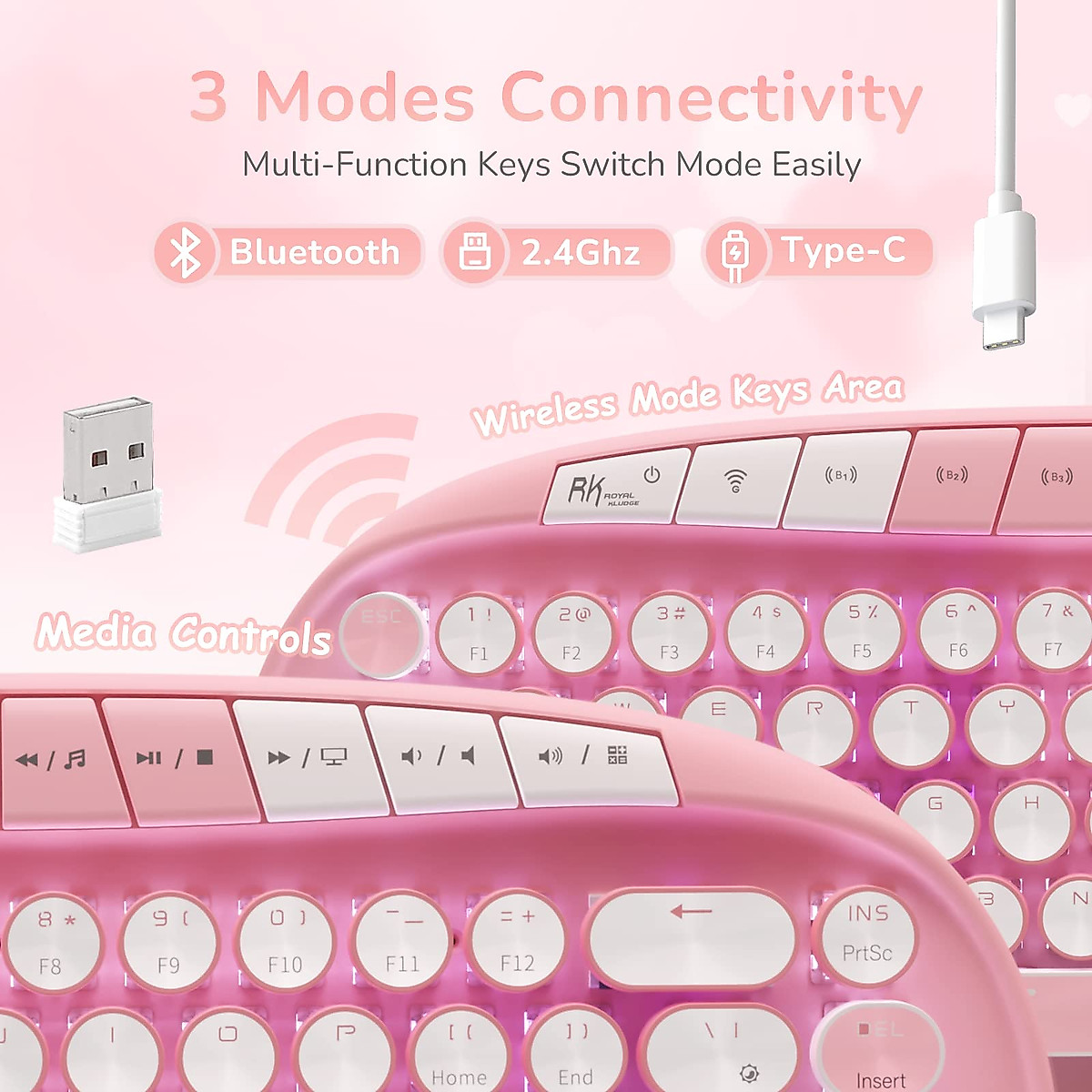 RK ROYAL KLUDGE RK838 Pink Wireless Keyboard, Retro Typewriter Keyboard BT/2.4G/Wired Mode, 75% RGB Hot Swappable Gaming Keyboard with Round Keys 10 Buttons, Pink Switch