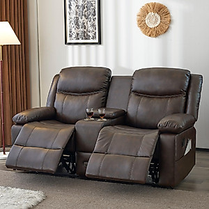 PALLOME Loveseat Recliner Sofa, PU Leather Sofa Couch, Manual Recliner Loveseat with Console, Double Reclining RV Sofa with Cup Holders and Side Pocket for Living Room/Office/Apartment (Brown)