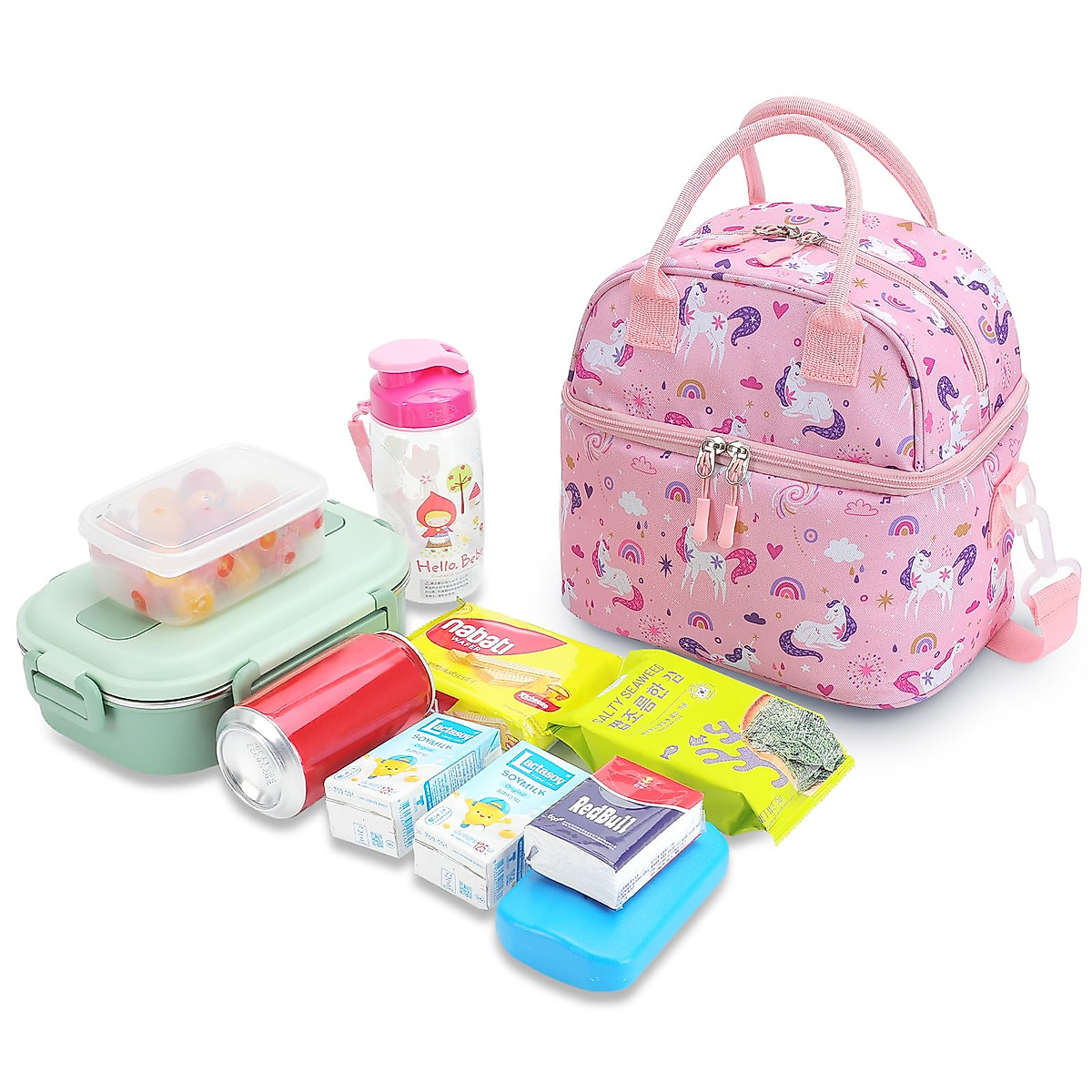 LUREMADE 2 Compartment Lunch Bag Kids, Insulated Lunch Box for Girls Boys Toddler Daycare School, Large Lunch Tote Bag for Kids with Shoulder Strap (Magic Unicorns)