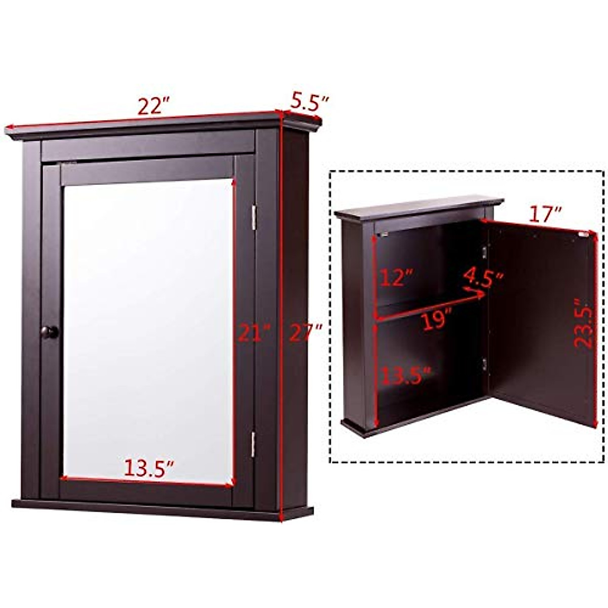 Casart Bathroom Mirrored Wall-Mounted Cabinet, Multipurpose Storage Medicine Cabinet with Single Door & Adjustable Shelf for Bathroom and Bedroom