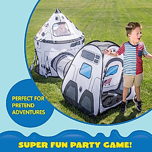 JOYIN White Rocket Ship Pop up Play Tent with Tunnel and Playhouse Kids Indoor Outdoor Spaceship Tent Set
