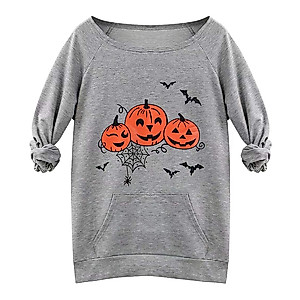 FLOYU Pumpkin Face Sweatshirt Women Halloween Off The Shoulder Tops Fall Pumpkin Pullover Halloween Long Sleeve Clothes Grey