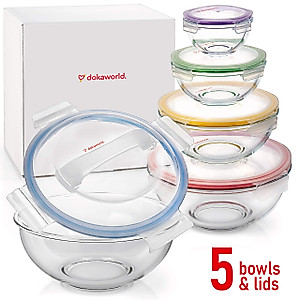 dokaworld Glass Mixing Bowls - Nesting Bowls - Space-Saving Glass Bowls with Lids Food Storage - Set of 5 Stackable Microwave Glass Containers - Storage Bowls with Lids Bpa Free - Bowls for Cooking