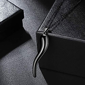 Hipunk Italian Horn Necklace Women Men - Lucky Cornicello Talisman Pendant 316L Stainless Steel Black Gun Plated Protection Amulet Chili Pepper Jewelry SP0064B