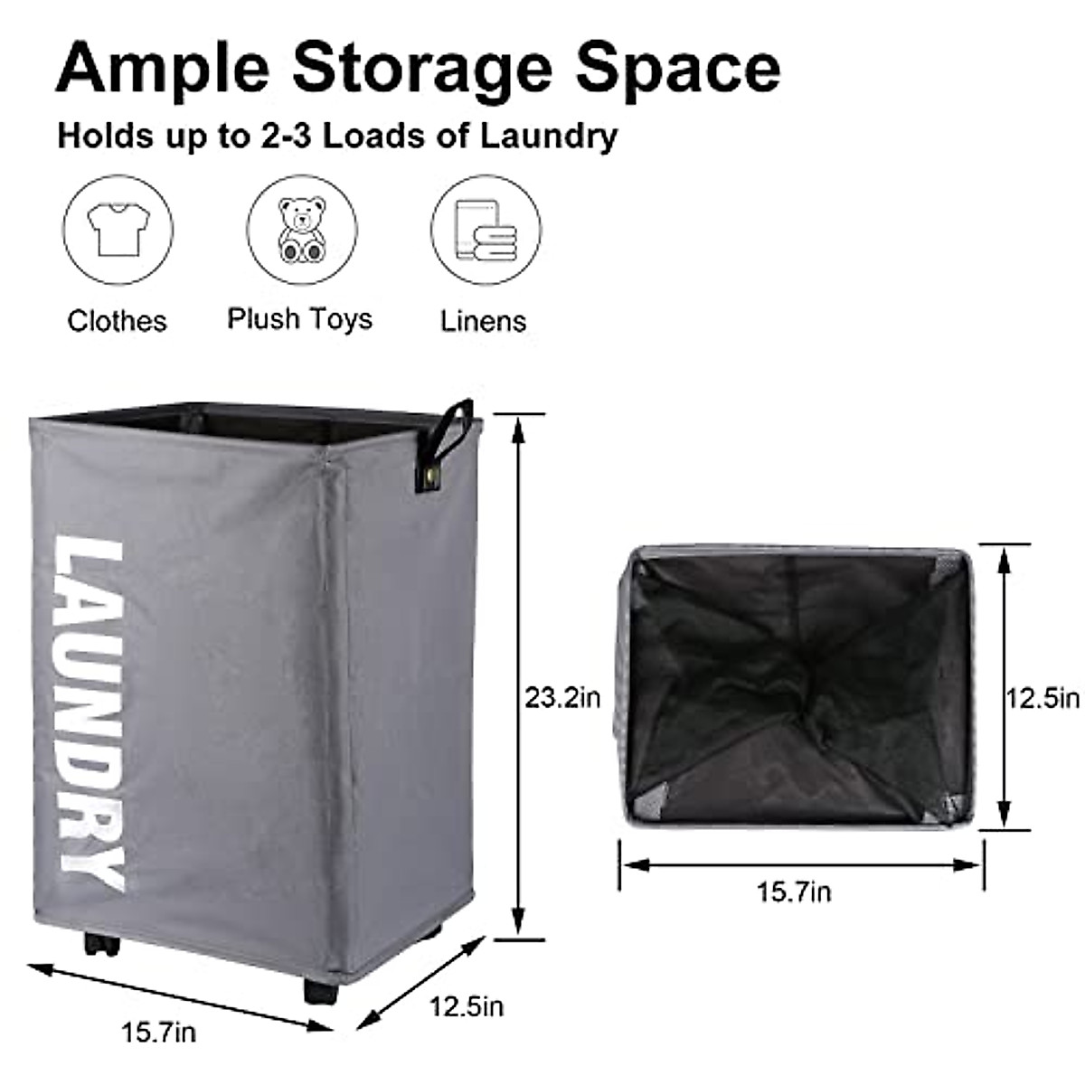 VENUSDALI Large Laundry Hamper,with Wheels Oxford Fabric Leather Handle,water Proof Folding Washing Bin,for Bedroom, Laundry Room, Closet, Bathroom, College, Dark Grey (Gray)