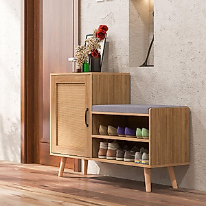 Giantex Shoe Cabinet with Shoe Bench - Rattan Shoe Storage Cabinet, Shoe Rack Organizer for 10-12 Pairs, Padding Seat Cushion, Boho Entryway Bench with Shelves for Hallway Mudroom Bedroom