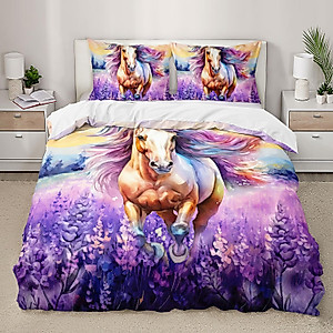 AILONEN Galloping Horse Duvet Cover Set Twin Size, Purple Lavender Horse Bedding Set,Watercolor Farmhouse Animal Horse Comforter Covet Set 3 Pieces, 1 Quilt Cover and 2 Pillowcases (No Comforter)