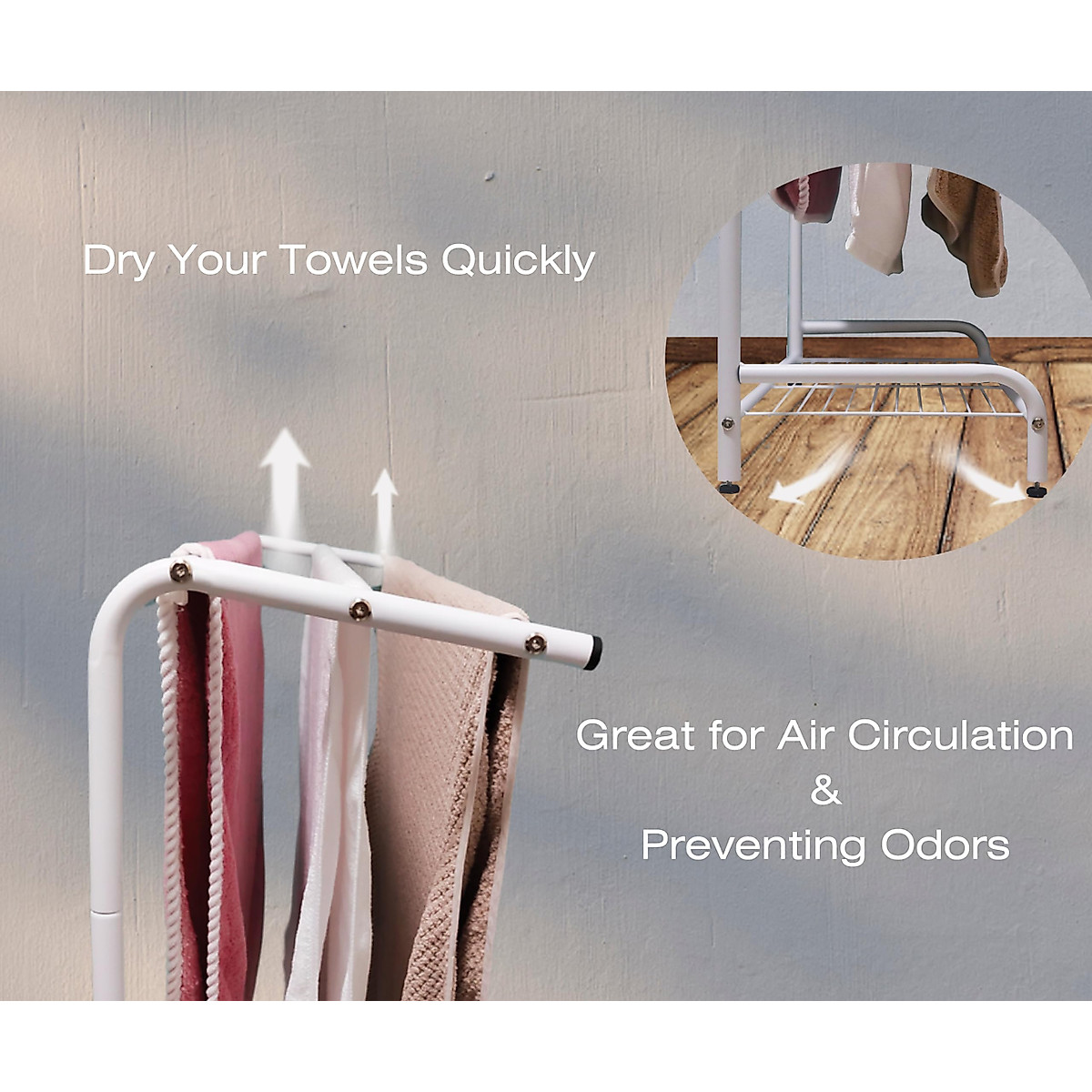 VSUINGO Freestanding Towel Rack, 32" L x 37.8" H for Oversized Bath Towels, Hand Towels Stand, Adjustable Height, 3-Tier Clothes Drying Holder with Storage Shelf for Bathroom, Aisle, Pool (White)