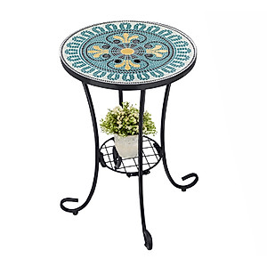 VCUTEKA Outdoor Side Table Mosaic Patio Table Accent Table Mosaic Tile Top Metal Frame Small End Table Porch Beach Patio Garden Balcony Green 14''