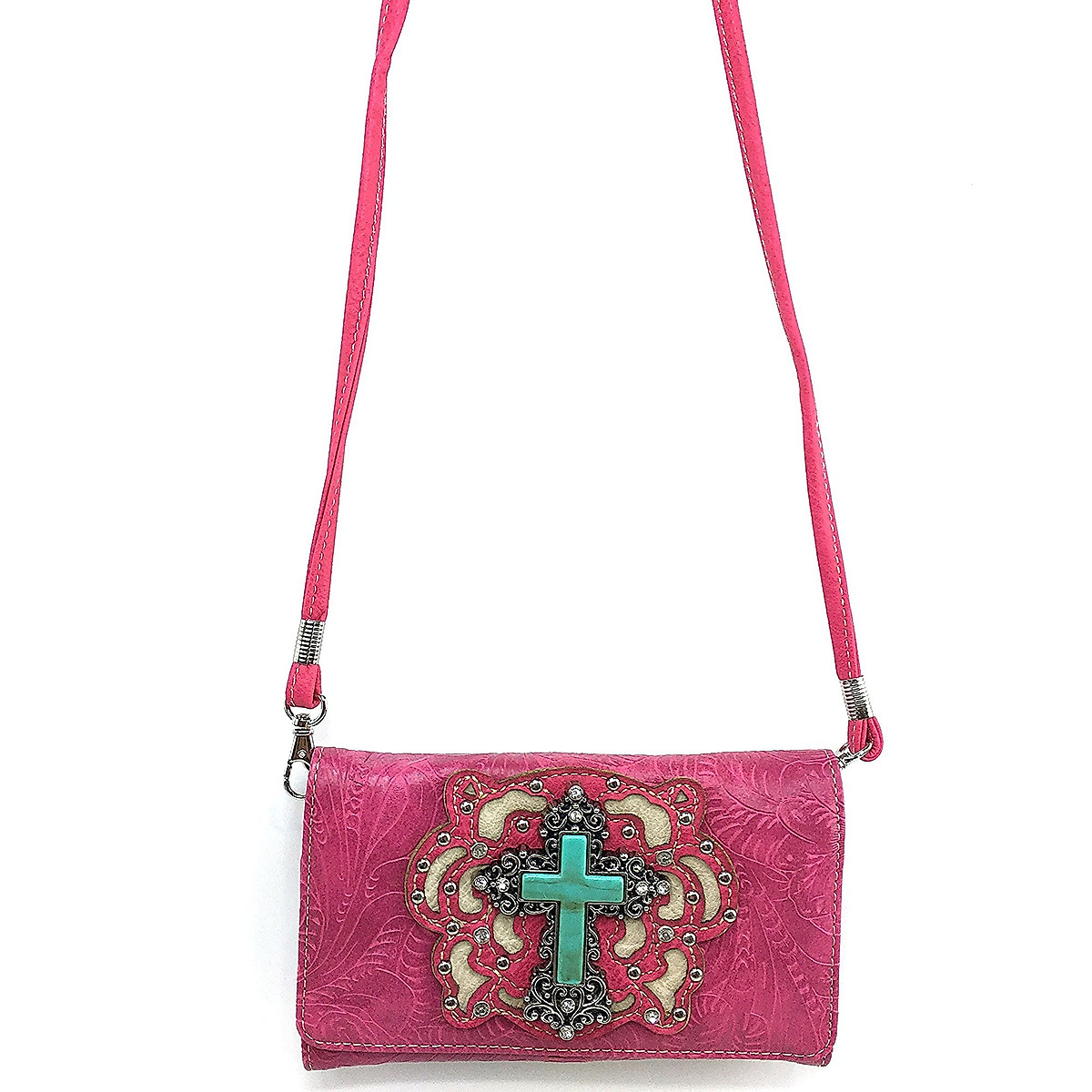 Justin West Western Floral Laser Cut Embroidery Studded Silver Rhinestone Cross Wristlet Trifold Wallet Attachable Long Strap (Purple)