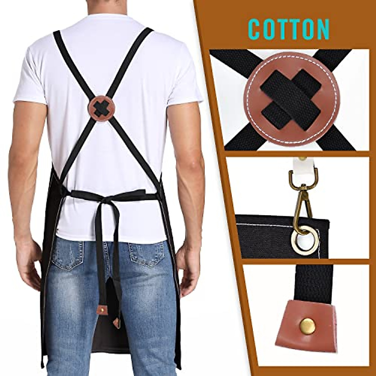 SHAWNTOO Chef Aprons for Men Women with Large Pockets, Cotton Canvas Cross Back Heavy Duty Adjustable Work Apron,Kitchen Cooking M-XXL