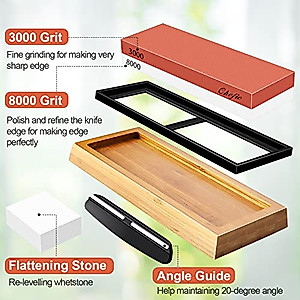 Sharpening Stone Whetstone Knife Sharpener Stone, Chefic 3000/8000 Grit Knife Sharpening Kit Wet Stone with Flattening Stone, Angle Guide, Non Slip Bamboo Base for kitchen, pocket knife sharpener