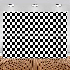 Cosplay Party Banner Checkered Flag Photography Backdrop Vinyl 7x5ft Photo Background White and Black Racing Checker Texture Grid Birthday Chess Board Decoration Supplies Photo Booth Studio Props