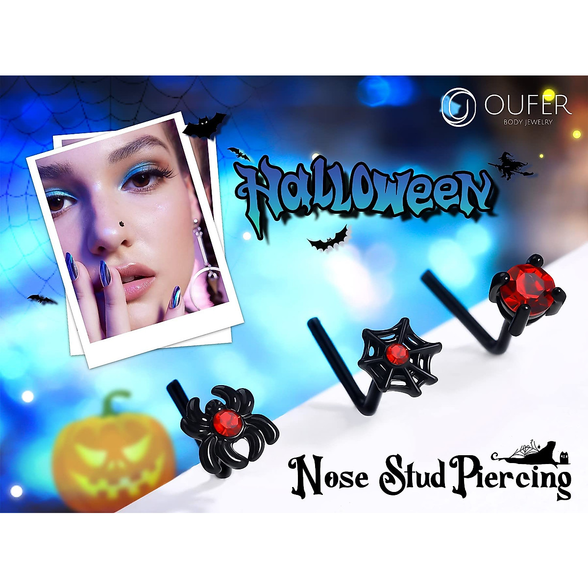 OUFER 20G Nose Ring Studs, 316L Stainless Steel L-Shaped Nose Rings, Spider L Bend Nose Screws, Nose Piercing Jewelry For Women Men