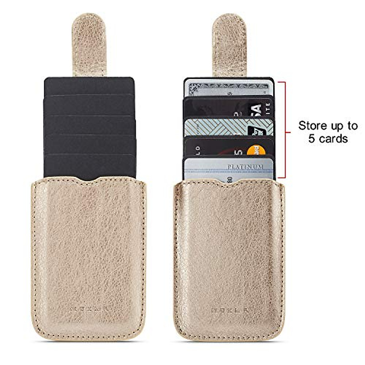 MUMUGUO Card Holder for Back of Phone,Pu Leather RFID Blocking 5 Pull Credit Card Cash Cell Phone Wallet Pocket Stick on Back iPhone(Gold)