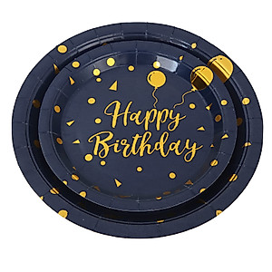 400 Pcs Blue and Gold Birthday Party Supplies Navy Blue Plates and Napkins Set for 50 Guests Gold Dot Paper Plates Napkins Cups Cutlery Set for Boy Birthday Party Decorations