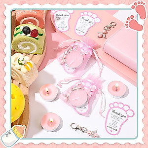 Landical 50 Sets Baby Shower Favors for Guests Including 50 Unscented Tealight Baby Shower Candles 50 Angel Keychains 50 Gift Bags 50 Baby Shower Cards for Baby Shower Gender Reveal Party(Pink)