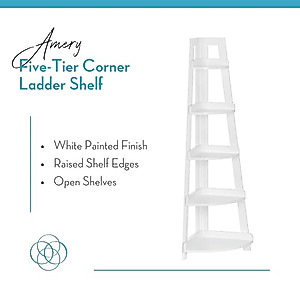 RiverRidge Amery 5-Tier Corner Ladder Shelf - Narrow Corner Shelf Maximizes Storage & Display in Small Spaces - White Open Shelving Design for Bathroom, Living Room, Office