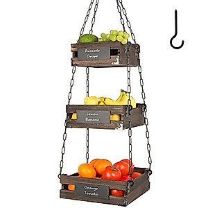J JACKCUBE DESIGN 3-Tier Rustic Wood Hanging Fruit Basket, Kitchen Fruit, Vegetable Storage Organizer, Countertop Space Saver- Heavy Duty Metal Hooks- MK1008A