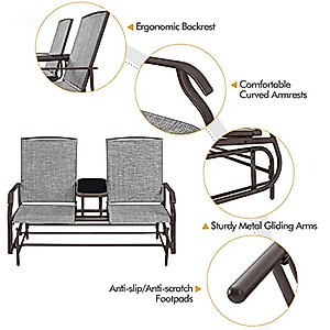 Yaheetech 2-Seat Outdoor Glider with Center Table, Patio Rocking Loveseat with Breathable Mesh Sturdy Metal Frame for Garden Pool Lawn