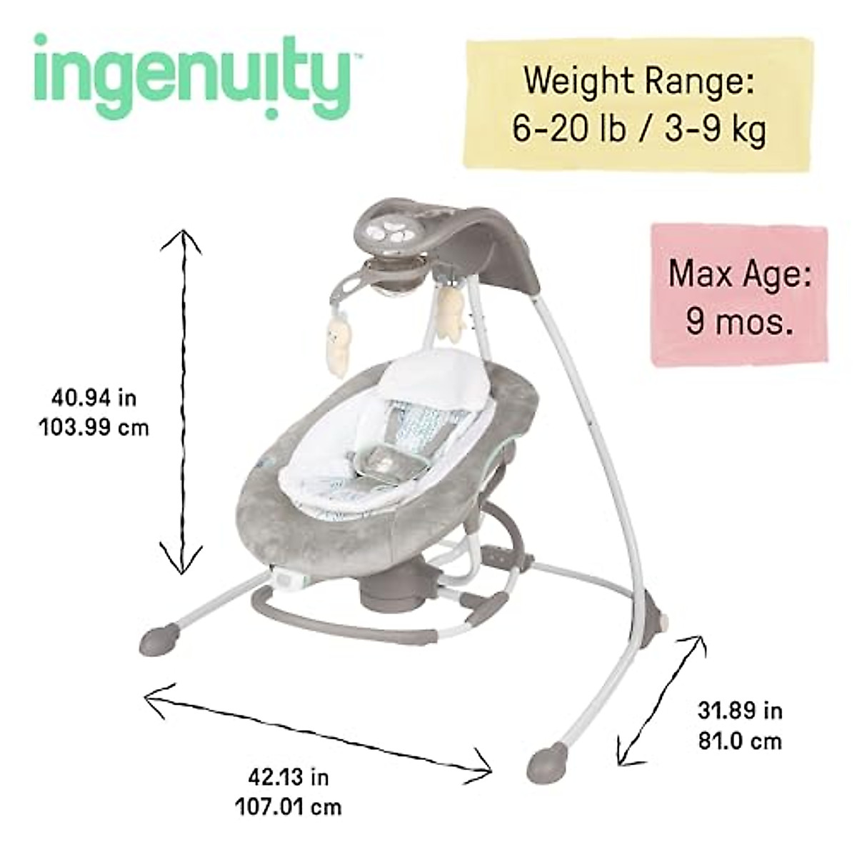 Ingenuity InLighten 2-in-1 Baby Swing & Rocker with Vibrations, Swivel Seat, Easy-Fold, Sounds & Lights, 0-9 Months Up to 20 lbs (Spruce)