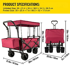 Collapsible Garden Cart with Removable Canopy, XL Folding Wagon Utility Carts for Camping, Grocery, and Shopping, Red