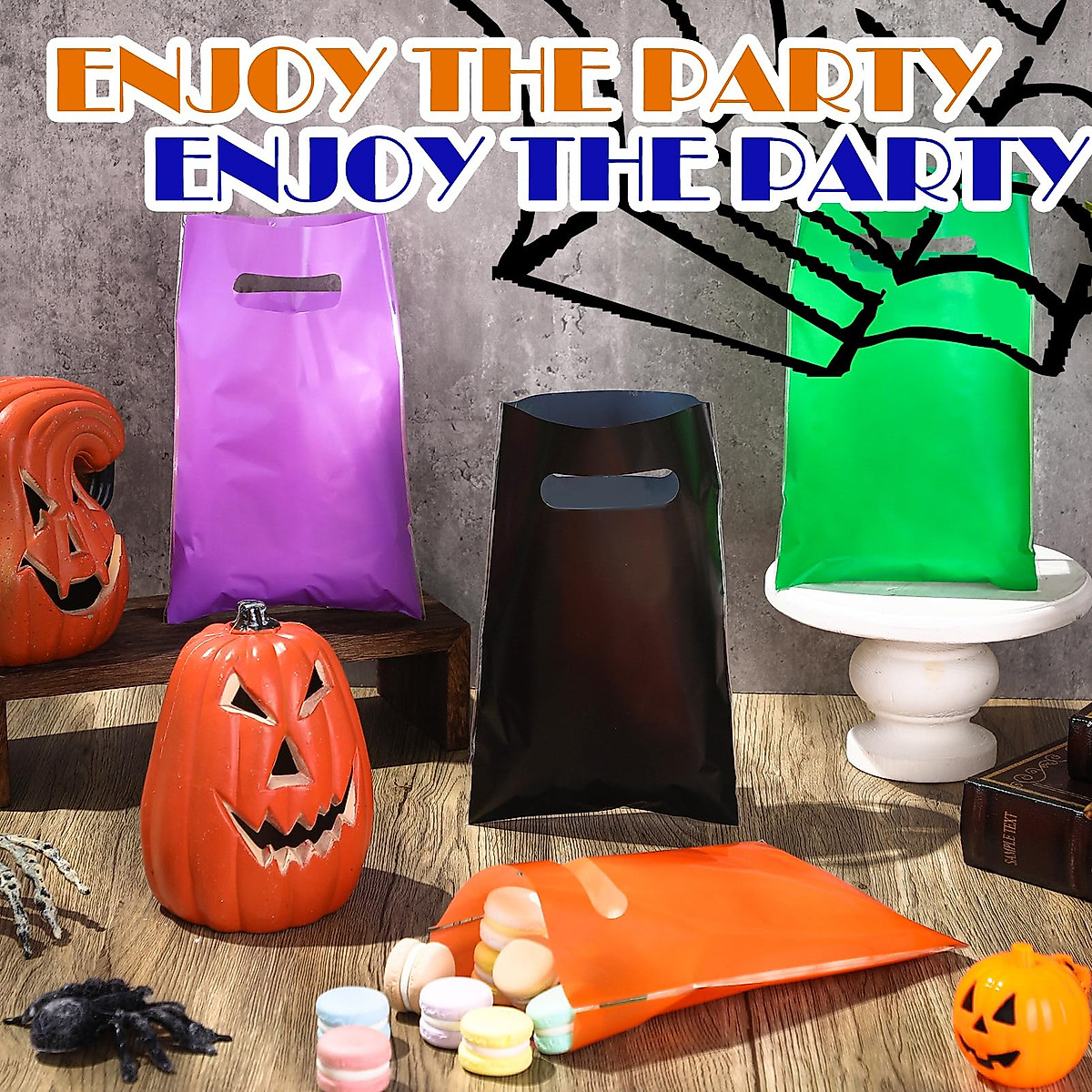 Gilprop 120 Pieces Plastic Halloween Bags Bulk Halloween Bags Black Orange Green and Purple Candy Bags with Handle for Halloween Party Supplies Decoration(Halloween)