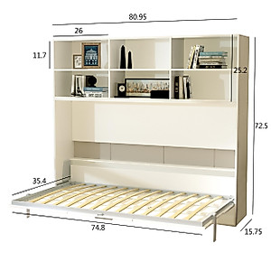 HusicLife Twin Size Horizontal Murphy Bed with Shelf Storage, Hidden Bed Gas Struts, Foldable Wall Bed for Small Spaces Apartments Studio Guest Room, White