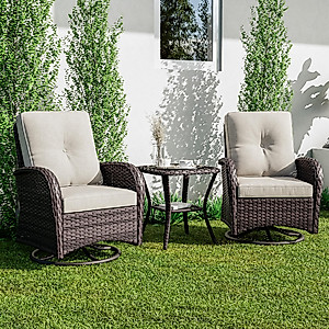Joyside Patio Swivel Rocker Wicker Chairs - Outdoor Swivel Rocking Chairs Set of 2 with Wicker Side Table, Patio Swivel Rocker Chair 3 Piece Patio Furniture Sets for Porch Deck(Brown/Beige)