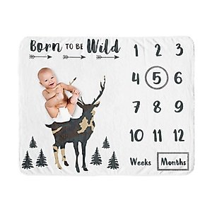 Sweet Jojo Designs Woodland Camo Deer Boy Milestone Blanket Monthly Newborn First Year Growth Mat Baby Shower Memory Keepsake Gift Picture - Beige Green Black Rustic Forest Animal Camoflauge Arrows