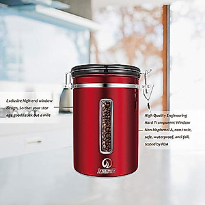 JENNIMER Coffee Canister - Large, Stainless Steel Airtight Coffee Containers with Transparent Window,Date Tracker, CO2-Release Valve and Measuring Scoop for Freshness of Storage Coffee(Red)