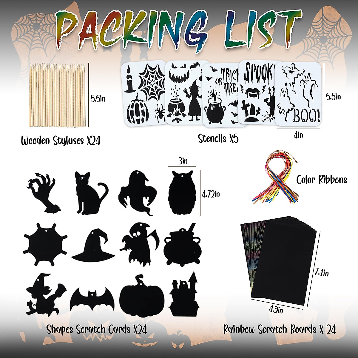 OuMuaMua 77pcs Halloween Scratch Art for Kids - Rainbow Scratch Paper Arts and Crafts Kit, Pumpkin Ghost Zombie Witch Scratch Art Hanging Ornaments for Halloween Birthday Kids Activities Gifts