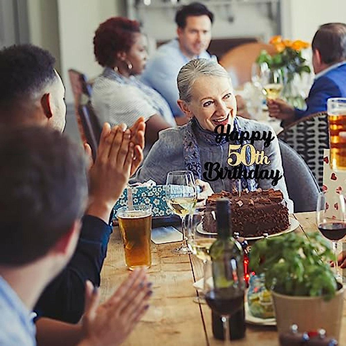 AROKIPPRY Black Gold Glitter Happy 50th Birthday Cake Topper,Happy 50 Birthday Cake Decoration for 50 & Fabulous Birthday,Hello 50 Party Anniversary Party Cake Decorations Supplies