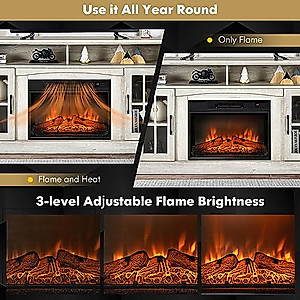 COSTWAY Electric Fireplace TV Stand for TVs Up to 65 Inches, 1400W Heater Insert with Remote Control, 6H Timer, 3-Level Flame, Overheat Protection and CSA Certification, Adjustable Shelves, Grey