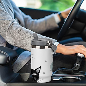 30oz Stainless Steel Insulated Tumbler with Flip Lid & Straw, Leakproof Travel Mug for Car, Black And White Cats Double Wall Vacuum Thermal Coffee Cup with Handle, Spill-Proof Design for Hot/Cold Drin