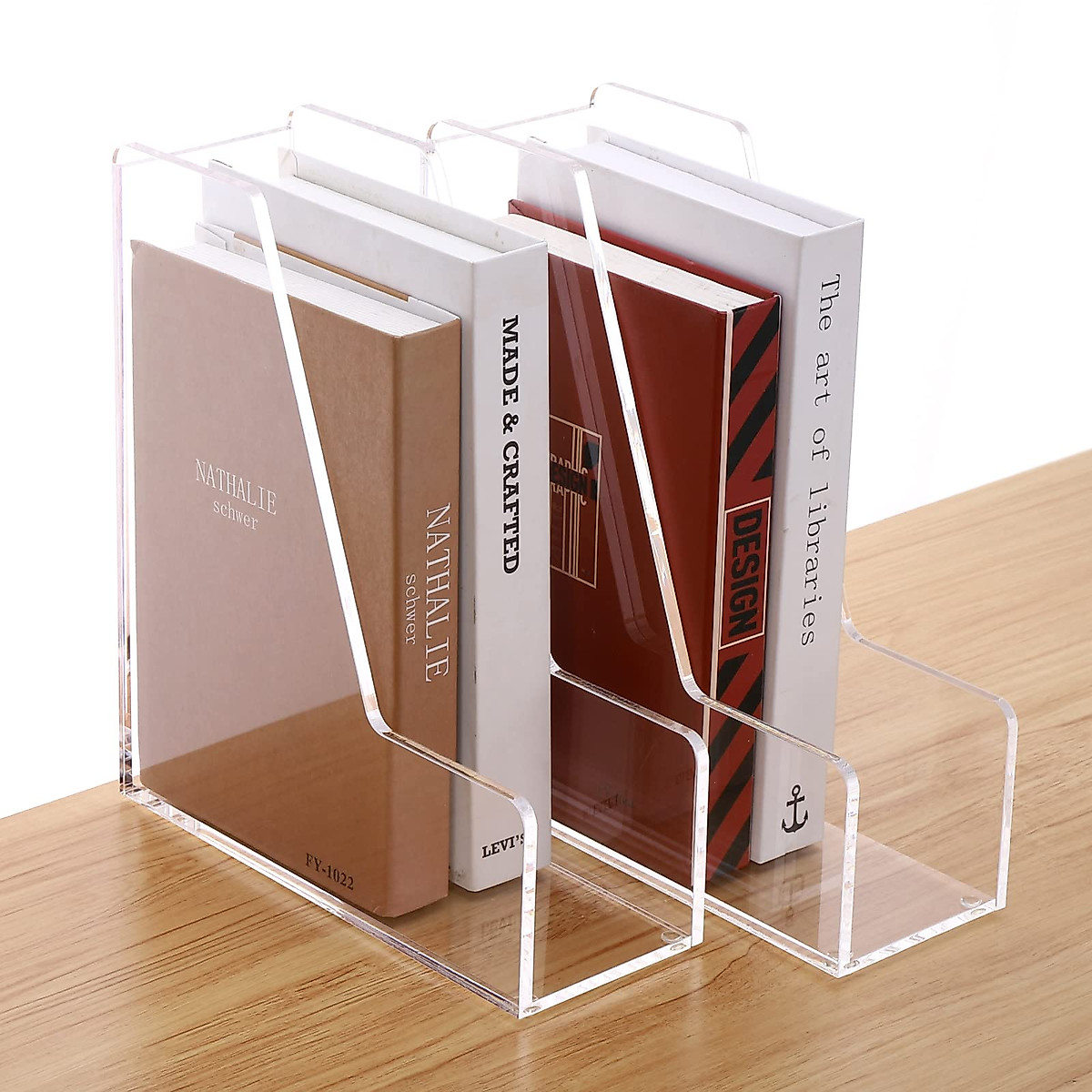 SANRUI Clear Magazine File Holder Vertical File Folder Holder, Acrylic Desk Organizer for File Storage, Book Bin and Office Desk Accessories ，2-Pack Bookshelf for Desk Home Office
