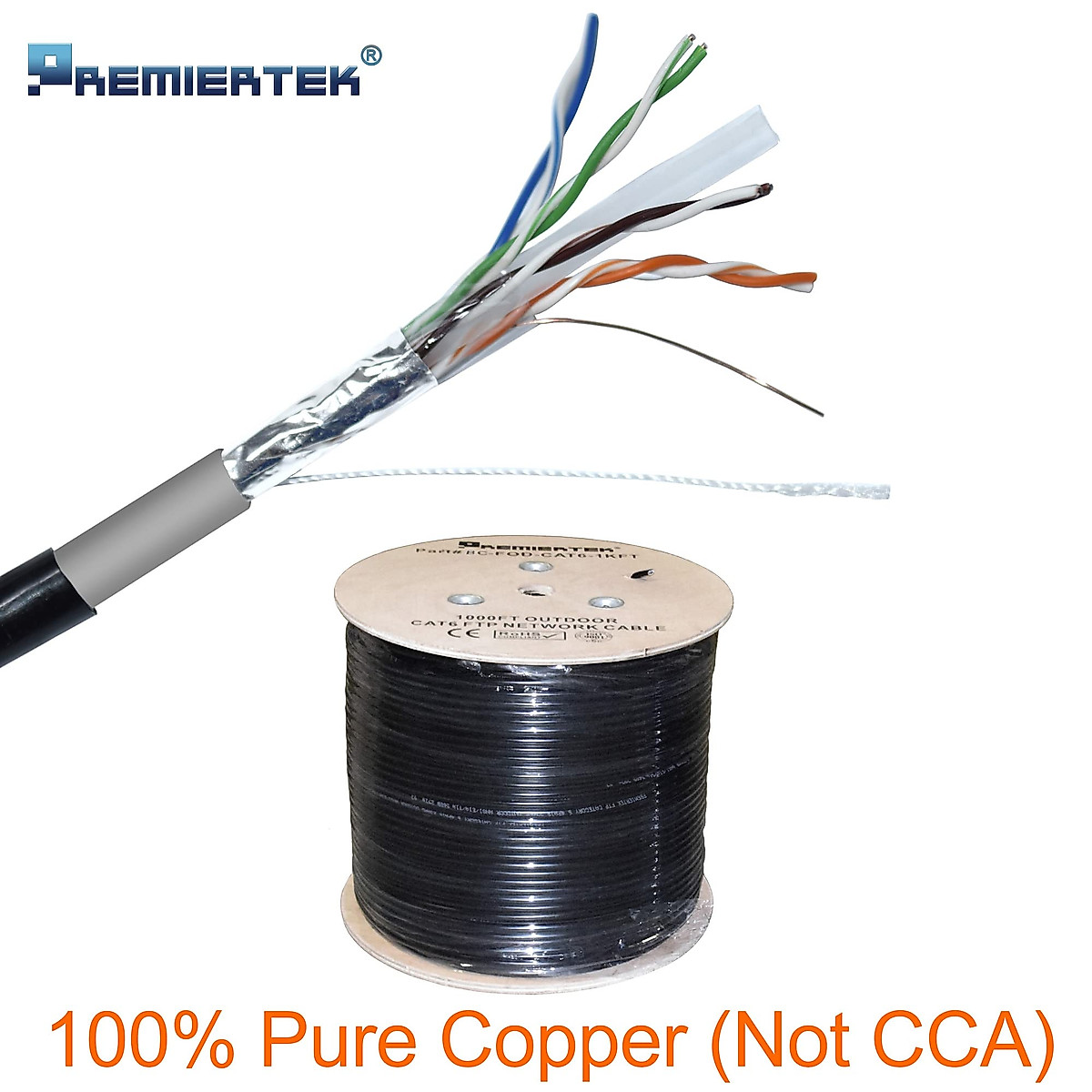 Outdoor Shielded FUTP 1000Ft Double Jacket Cat6 23AWG 100% Pure Copper 4-Pairs Premium Network LAN Cable Direct Burial UV Rated Waterproof 550MHz, PoE++ (4PPoE)