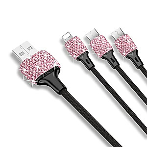 Hidoer Bling Bling Charging Cable Crystal Decoration Charger Cord 4ft Nylon Type C/Micro USB 3-in-1 Multi Charging Cable for Android and More, Cell Phone Accessories for Women,Girls (Pink)